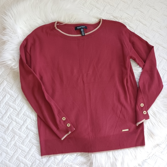 Ellen Tracy | Sweaters | Ellen Tracy Red Sweater With Tan Trim | Poshmark
